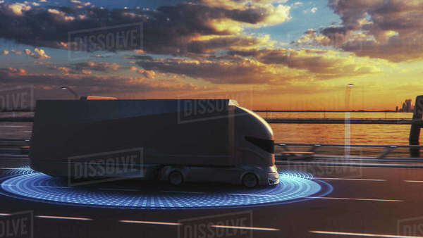 Autonomous Self-Driving Lorry Truck with Cargo Trailer Drives on the ...