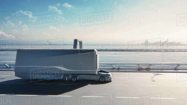 Autonomous Self-Driving Truck with Cargo Trailer Drives on the Road ...
