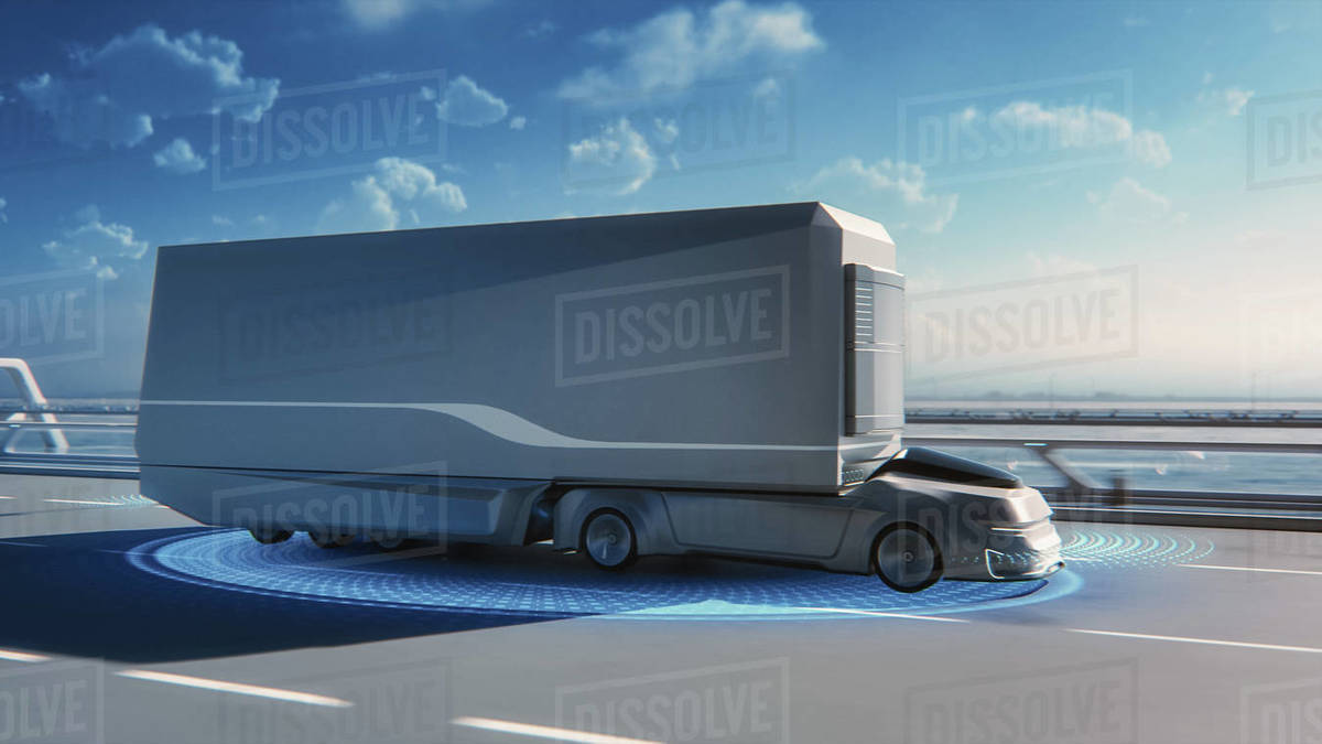 Autonomous Self-Driving Lorry Truck with Cargo Trailer Drives on the ...
