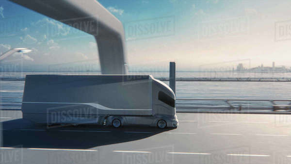 Autonomous Self-Driving Truck with Cargo Trailer Drives on the Road ...