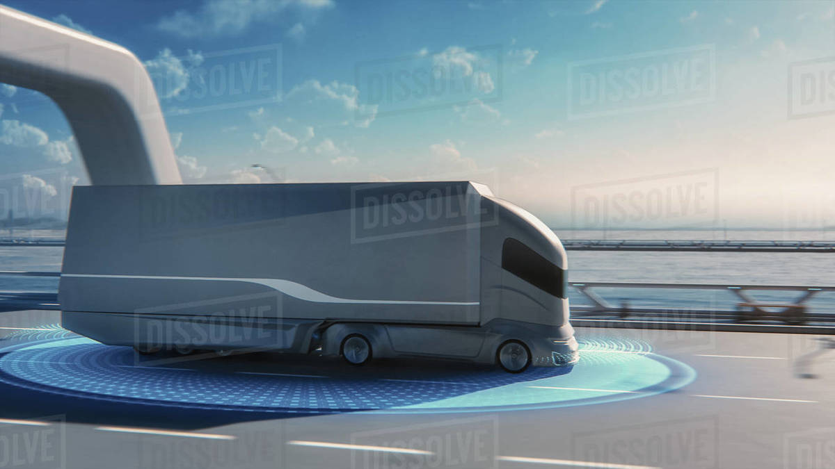 Autonomous Self-Driving Truck with Cargo Trailer Drives on the Road ...
