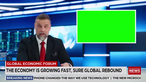 Newsroom TV Studio Live News Program: Caucasian Male Presenter ...