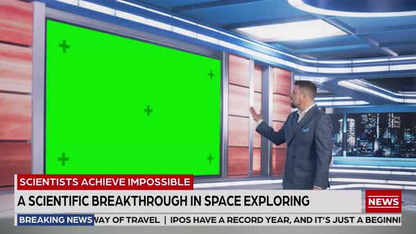 Newsroom TV Studio Live News Program: Caucasian Male Presenter ...
