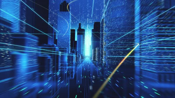 Digital VFX 3D Render of a Futuristic Business City. Camera Flowing ...
