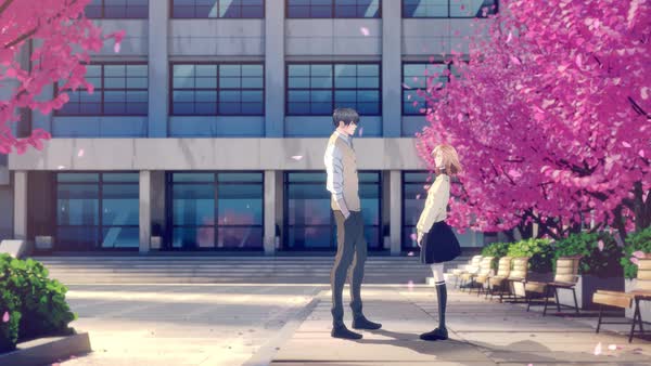 Anime Cartoon Scene with Young Man Meeting a Girl in Schoolyard with ...
