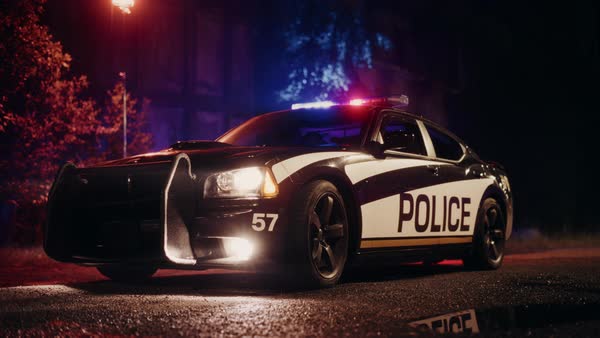 Cinematic Arc Shot Police Car with Working Siren Flashlights Standing ...