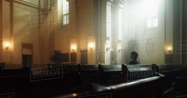 Young Man Sitting in the Majestical Old Church. Parishioner Feeling the ...