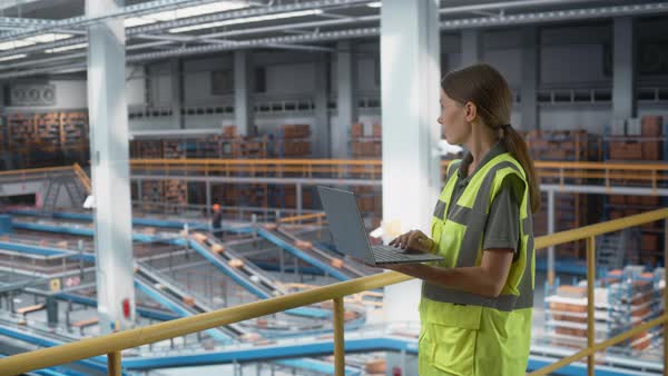 Sortation Fullfilment Center: Female Supervisor Associate USes Laptop ...