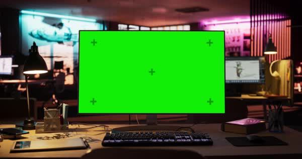 Desktop Computer with Mock Up Green Screen Chroma Key Display Standing ...