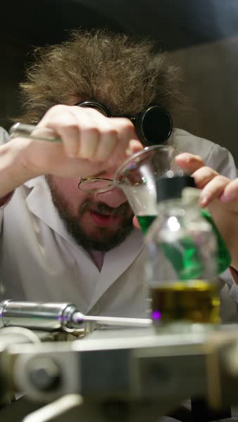 Nervous mad scientist mixing liquid in laboratory - vertical video ...