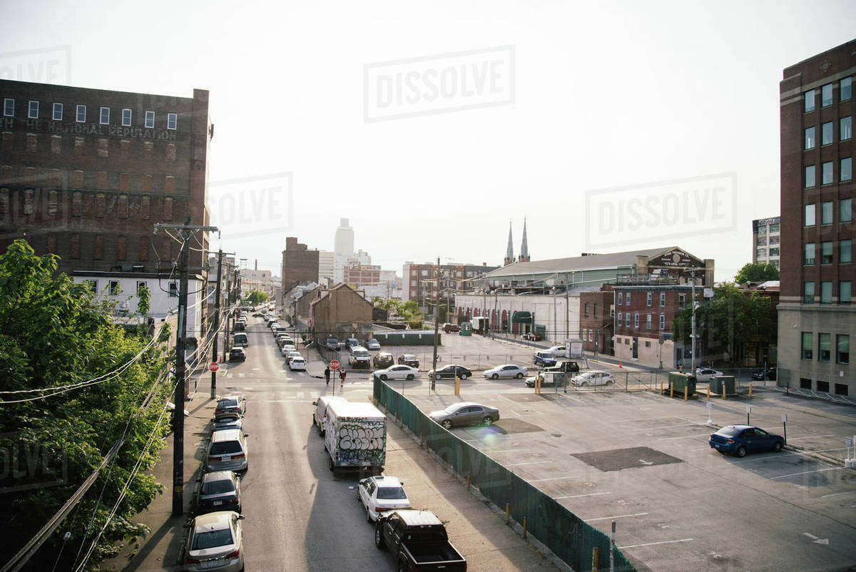 High-angle shot of cars parked on street in city - Royalty-free Stock ...