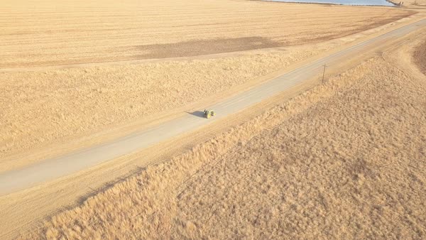 Driving along dirt road looking sideways at arid field with cows ...