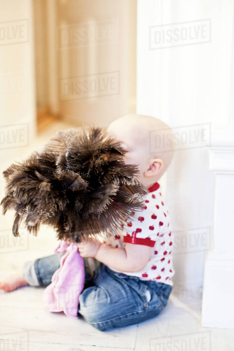 Baby with feather duster - Stock Photo - Dissolve