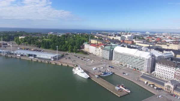 Panoramic aerial view of Helsinki skyline along city port at summer ...