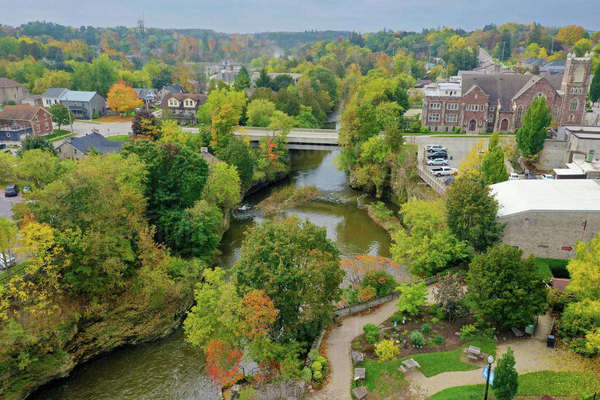An aerial view of Fergus, Ontario, Canada by the Grand River - Royalty ...