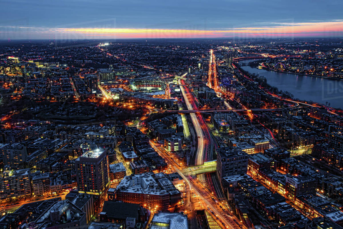 An aerial night view of Boston and the expressways, Massachusetts ...