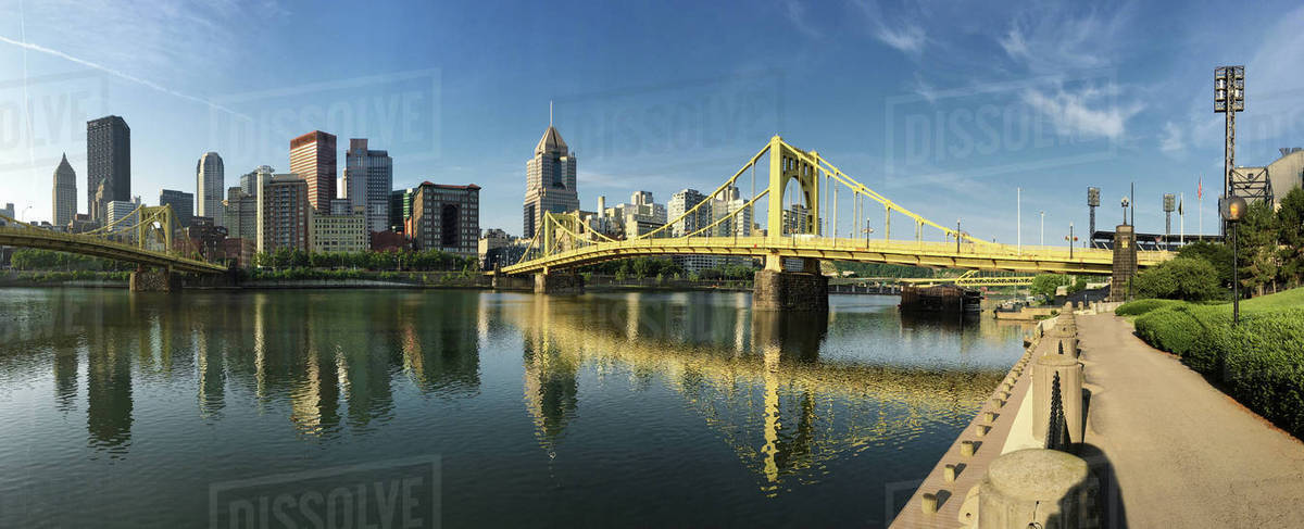Panorama of the Pittsburgh city center between two bridges - Stock ...