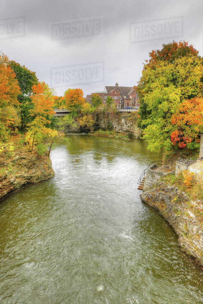 A Vertical of the Grand River at Fergus, Ontario, Canada in Fall ...