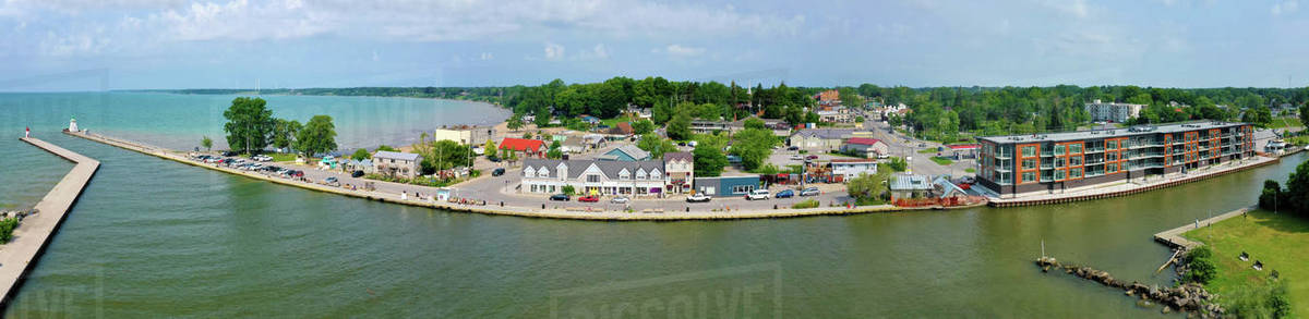 An aerial panorama scene of Port Dover, Ontario, Canada waterfront ...
