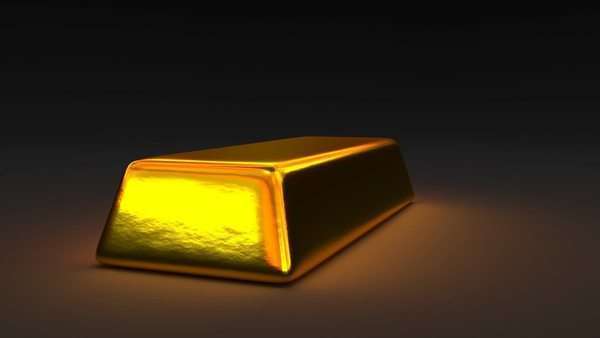 Animated falling and bouncing realistic bar of gold in dark space ...