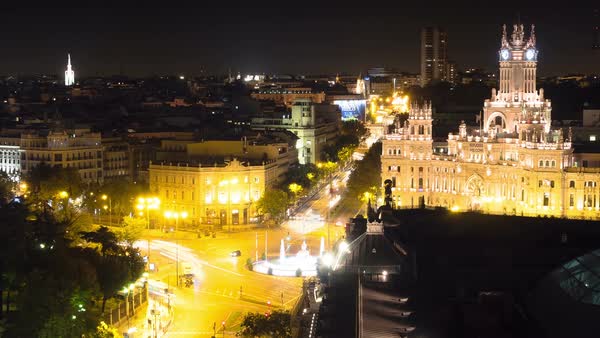 Madrid Skyline Aerial View At Night Timelapse Of Cars Driving At Plaza ...