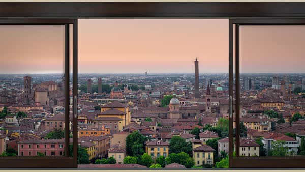 Berlin skyline aerial view timelapse day to night seen through a window ...
