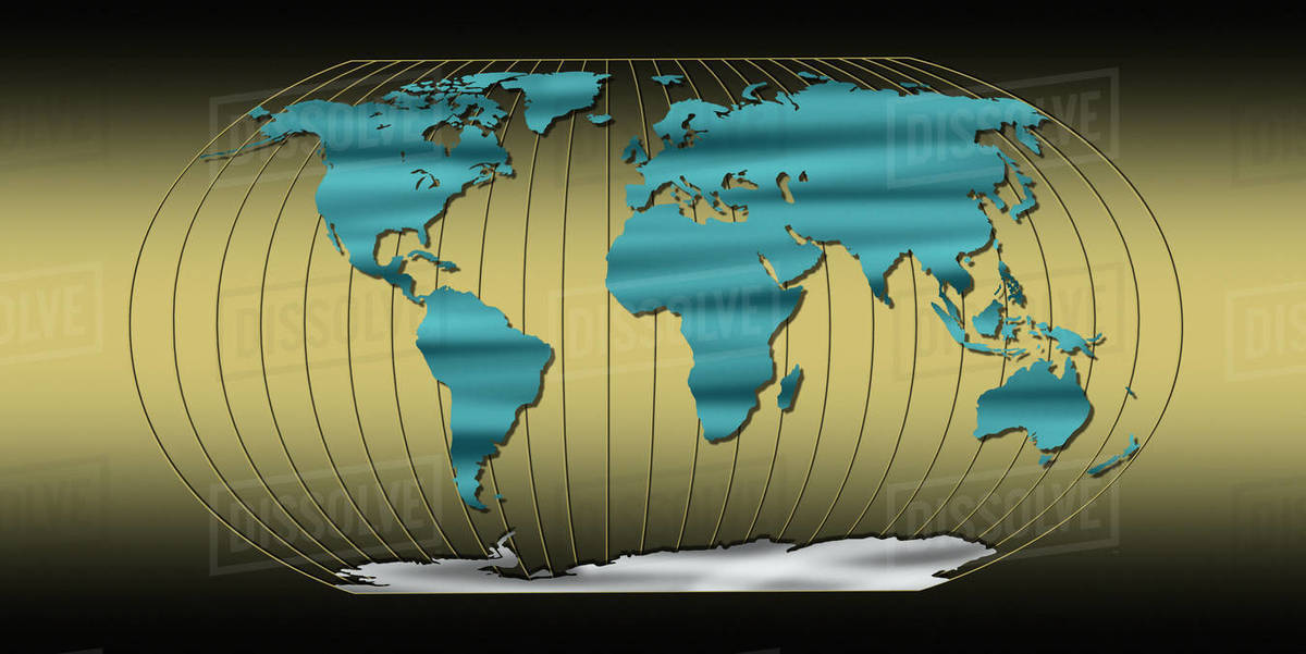 World Map With Longitude Lines On Gold Background - Royalty-free Stock ...