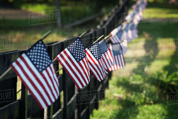 Black wooden fence trailing off with small US flags hanging from each ...