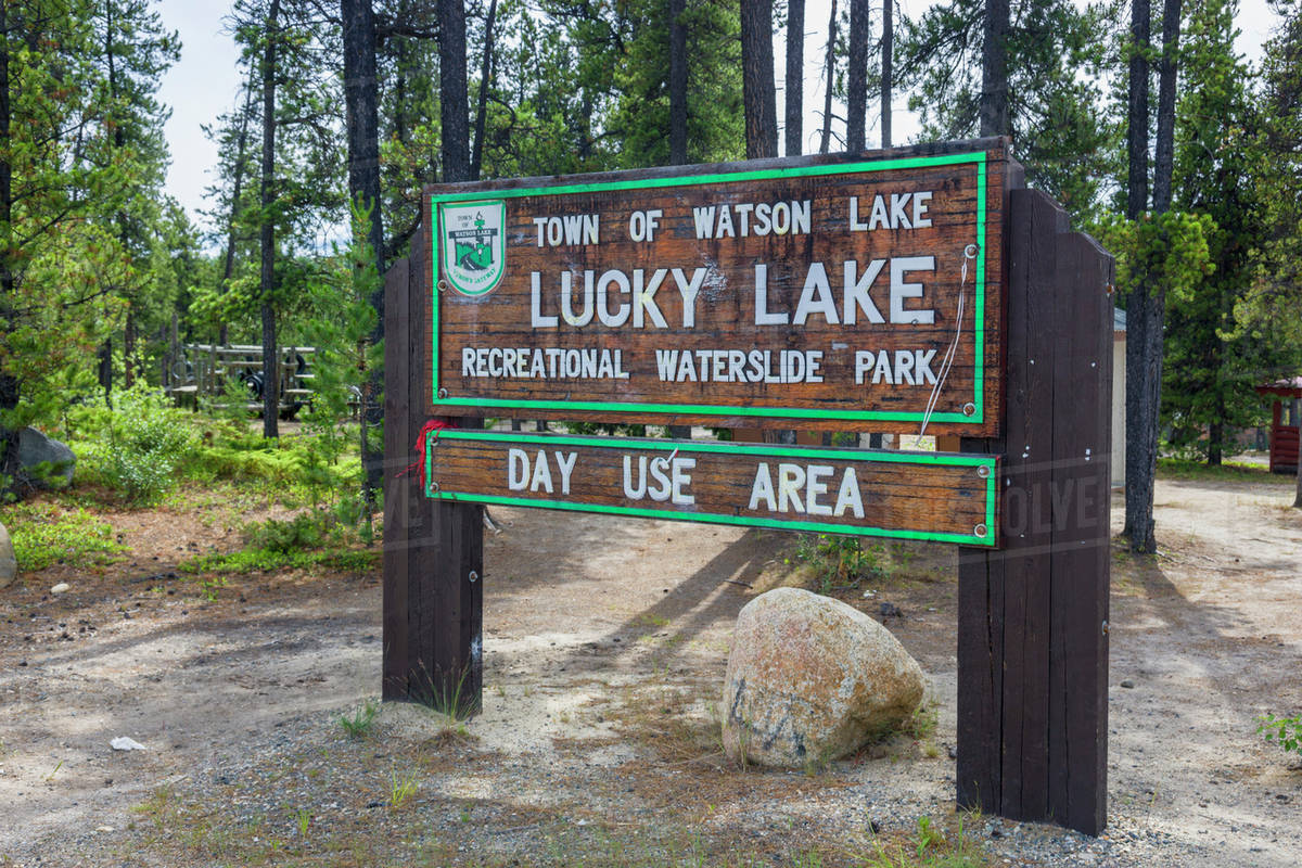 Town of Watson Lake water park sign, Lucky Lake, Yukon Territory ...