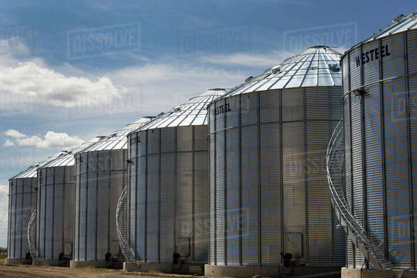 Large Metal Grain Bins In A Row With Staircases, Blue Sky And Hazy ...