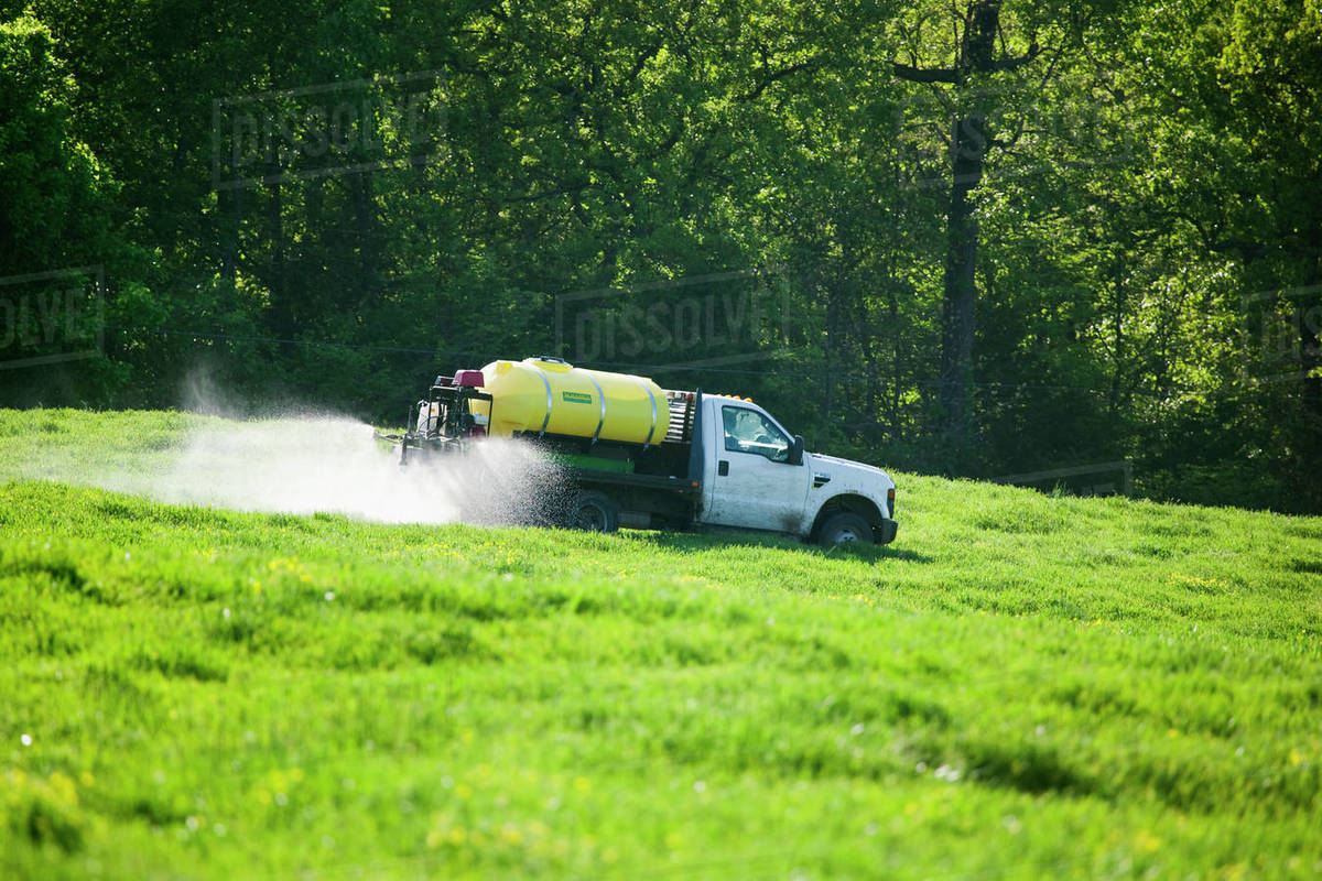 Agriculture - Spraying herbicide on a pasture used for grazing beef ...