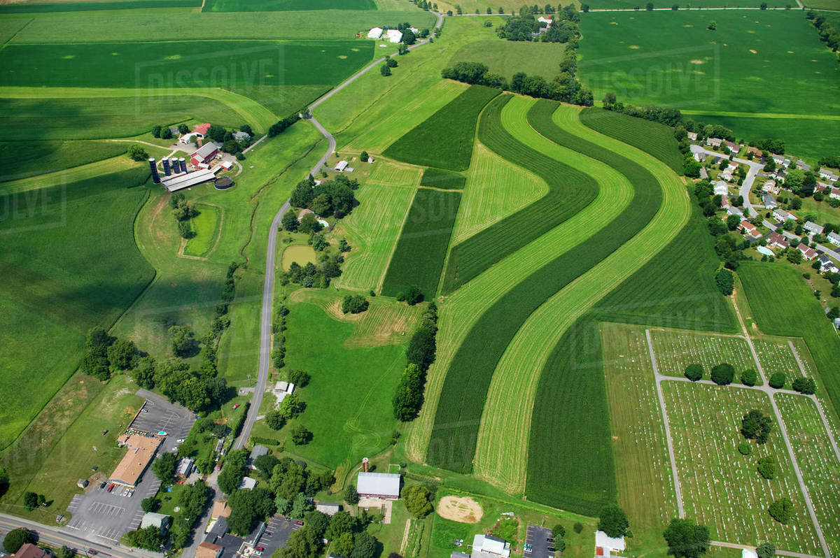 Agriculture - Aerial view of farmsteads and fields utilizing strip ...