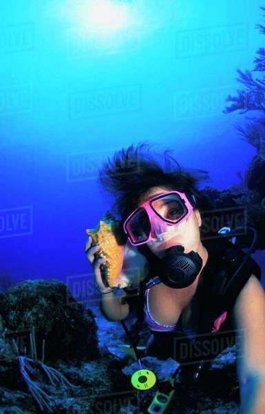 Scuba Diver Holding Up Shell - Royalty-free Stock Photo | Dissolve