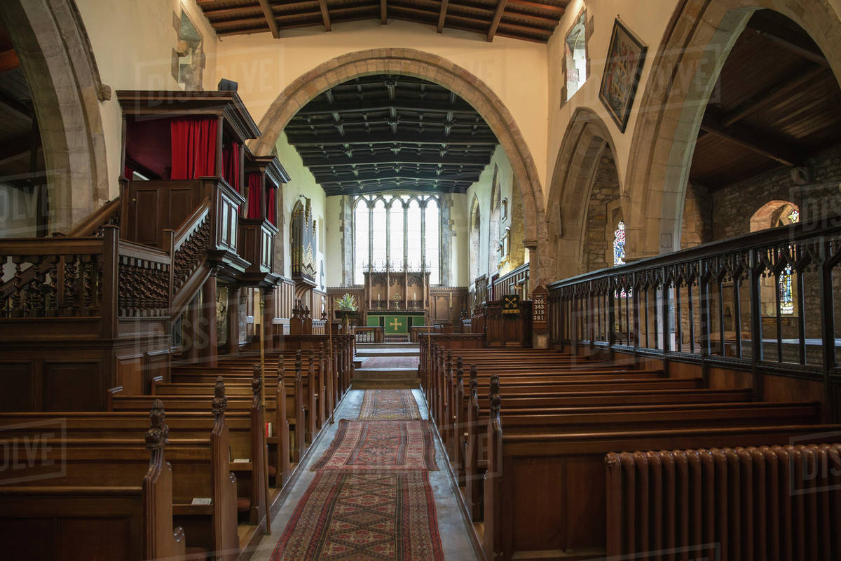 Interior of a church with wooden pews, Richmondshire District; North ...