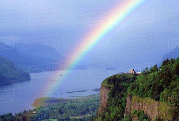 Rainbow Over Columbia River Gorge And Vista House Royalty Free Stock
