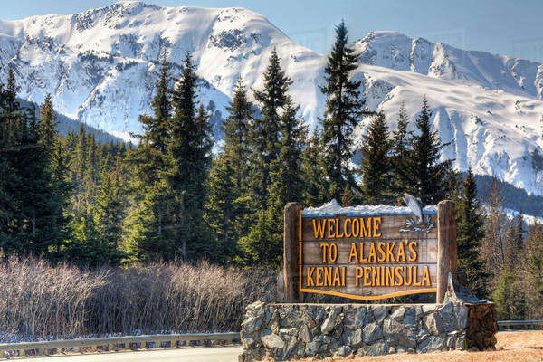 Welcome To Alaska's Kenai Peninsula Sign And The Kenai Mountains ...