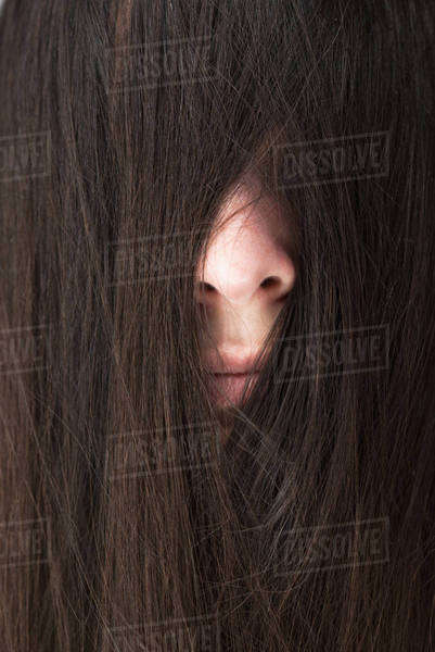 Woman with hair over her face; Stevenson, Maryland, United States of ...