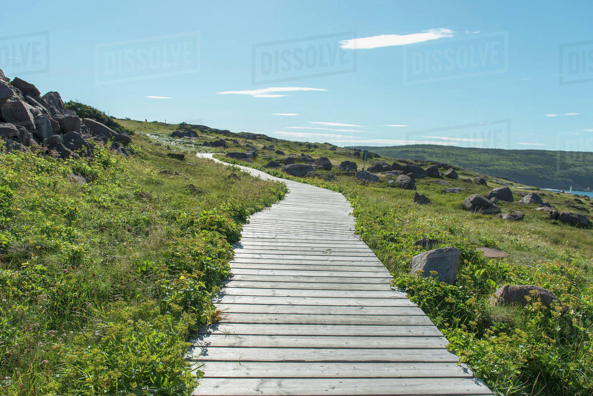 A wooden boardwalk along the Atlantic Coast; St. John's, Newfoundland ...