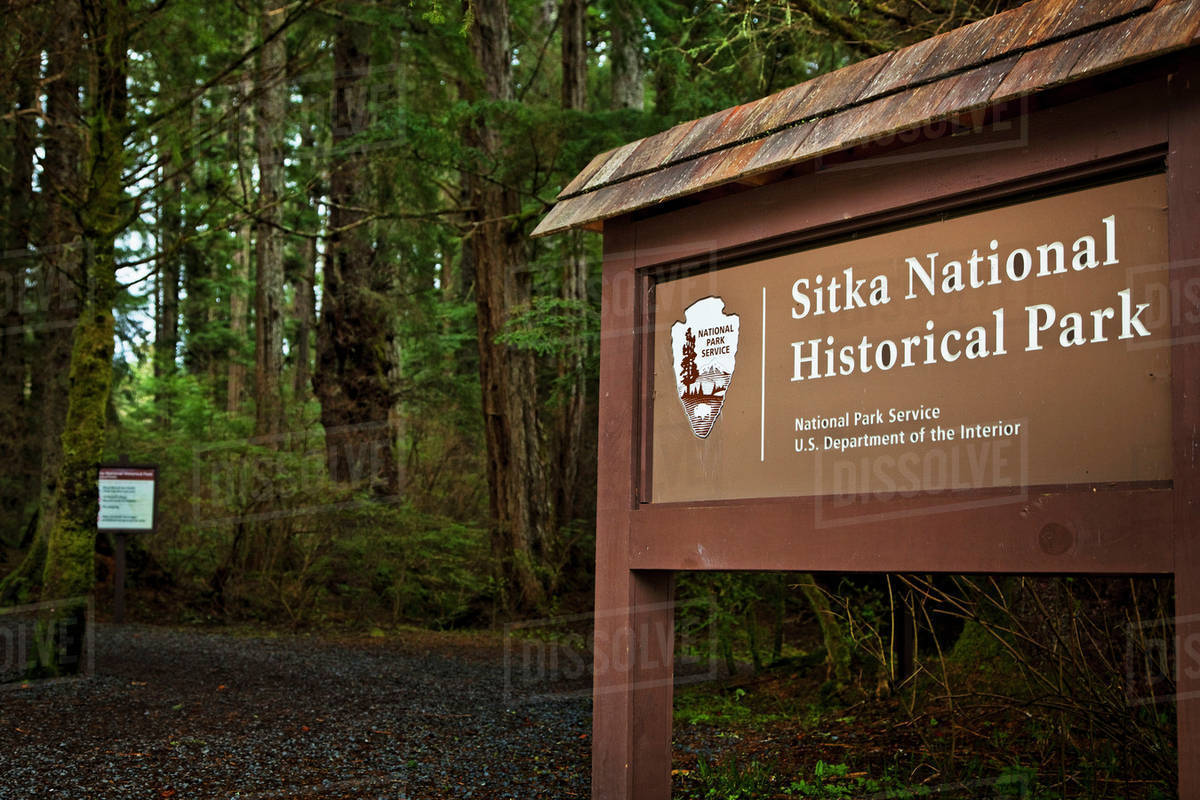 Sitka National Historical Park sign at Totem Trail; Sitka, Alaska ...
