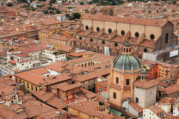 High angle view from the towers of bologna with a view of a cathedral's ...