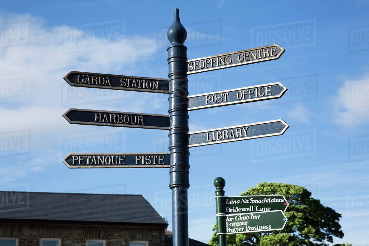 Directional sign for landmarks in a city against a blue sky;Bantry ...