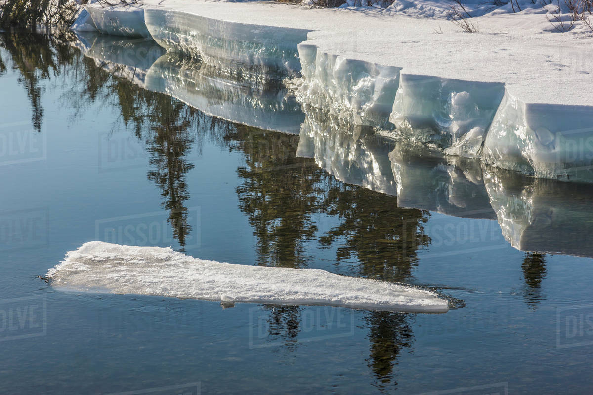 Ice detail on the jarvis river where it crosses the alacan highway ...