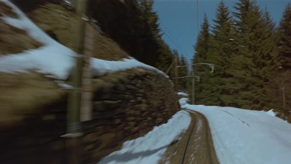 Snowy mountain railway seen from train's perspective, Swiss Alps ...