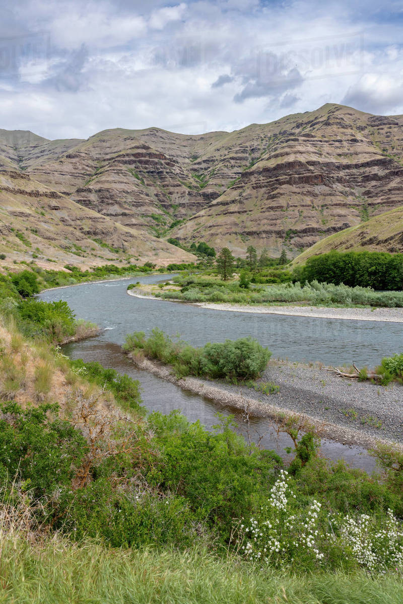 Gravel bars of wild Snake River and the exposed geologic and eroding ...