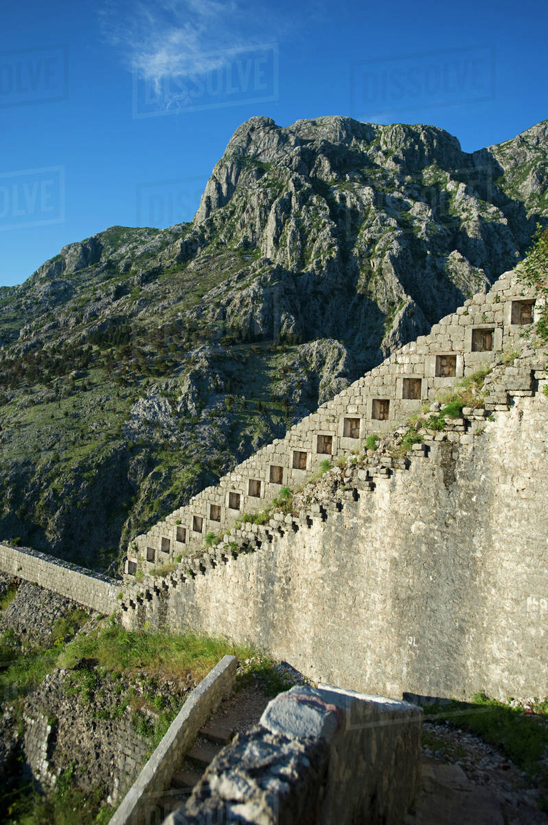 Fortress of st. ivan wall with mt. lovcen in background;Kotor ...