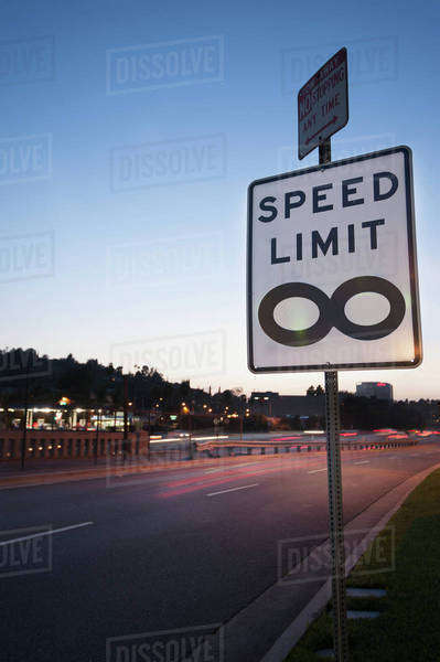 Traffic sign stating 'speed limit infinity' at barham boulevard freeway ...