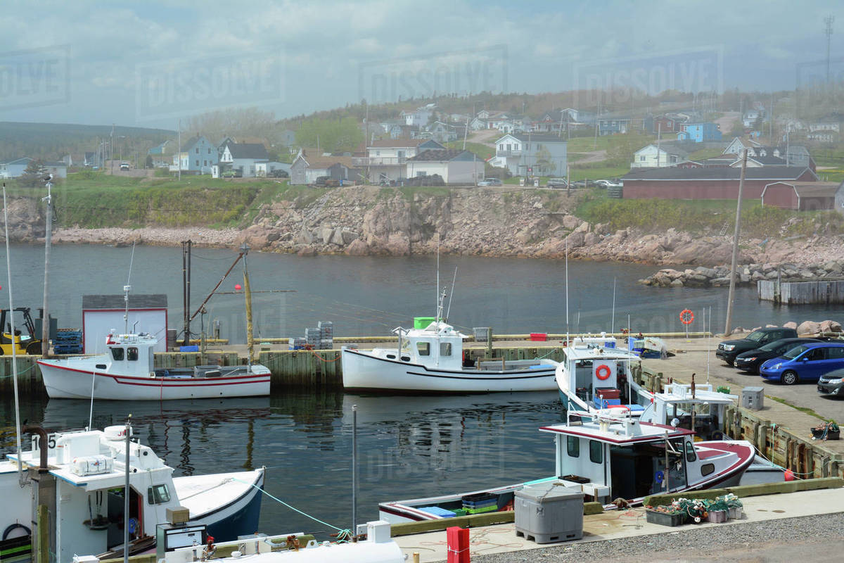 Foggy view of Neil's Harbor with docked boats and homes in the distance ...
