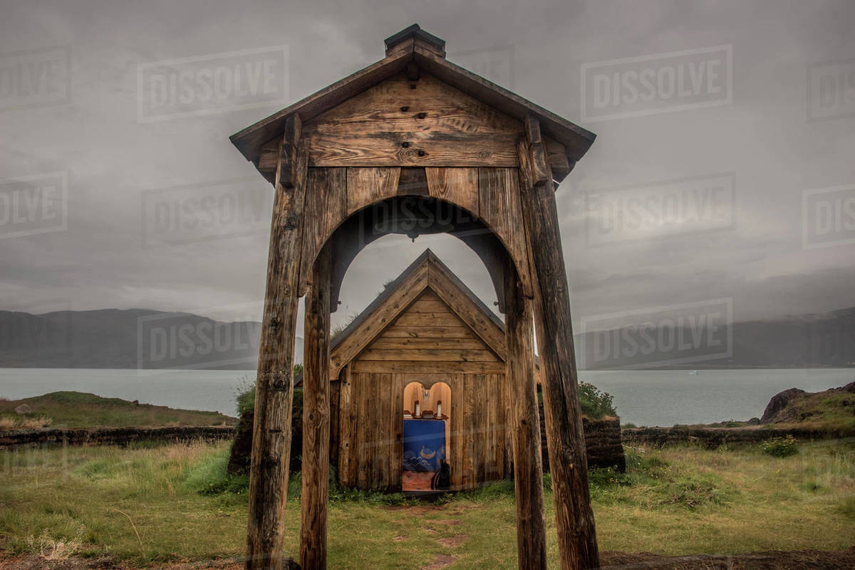 Wooden arches and building of the recreated Tjodhilde Church in ...