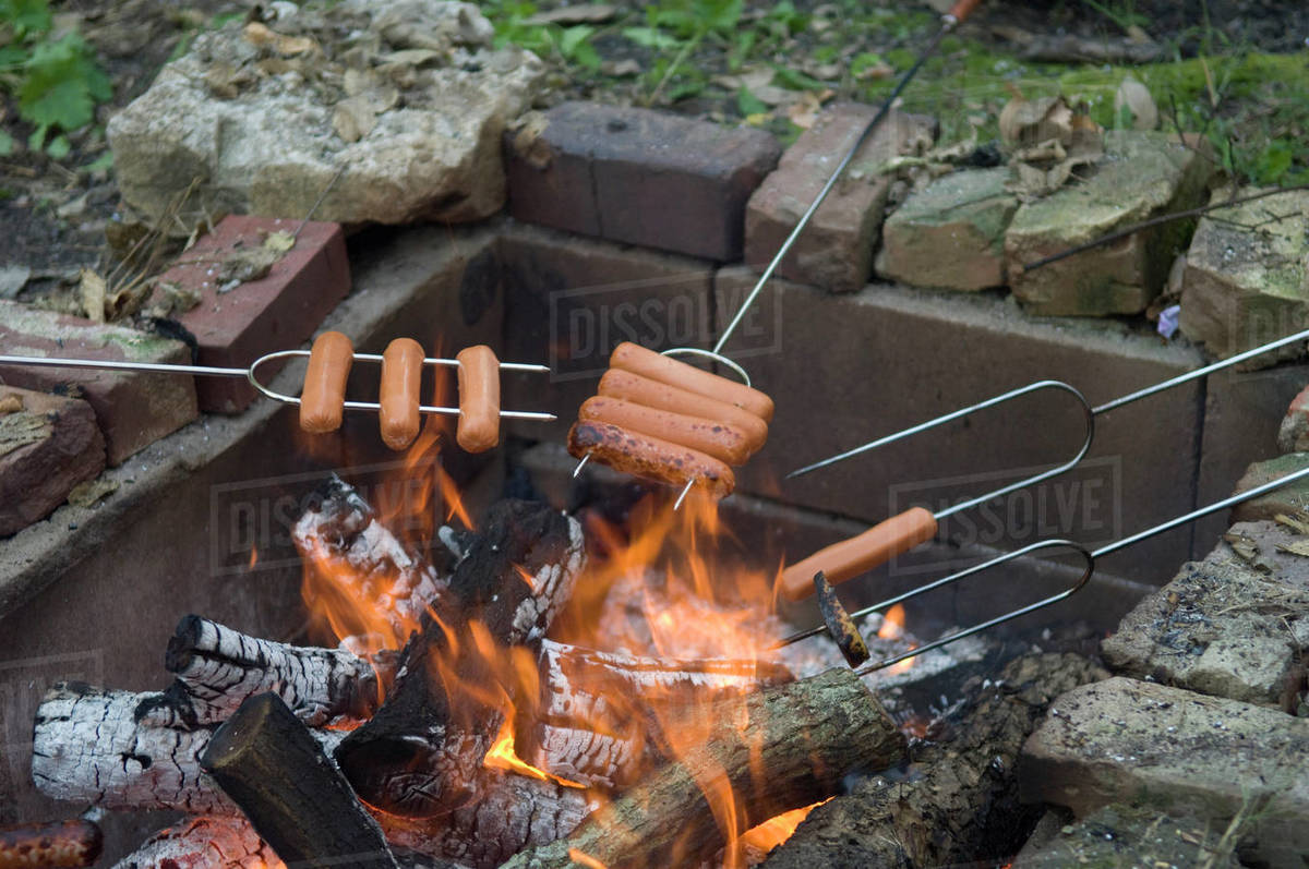 Hot dogs roasting over a fire in a backyard fire pit; Lincoln, Nebraska ...