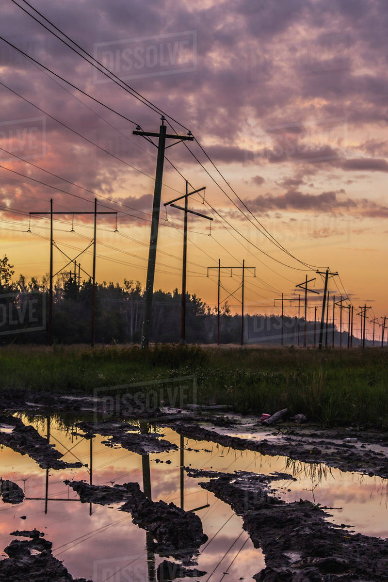 Powerline silhouettes at sunset; Fort McMurray, Alberta, Canada ...